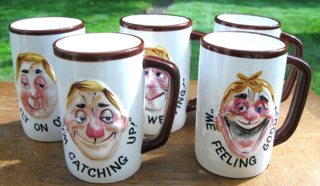 Mid Century Set of 5 FUNNY Pub Bar Cups 12 Fluid Oz Bar Item Hand ...