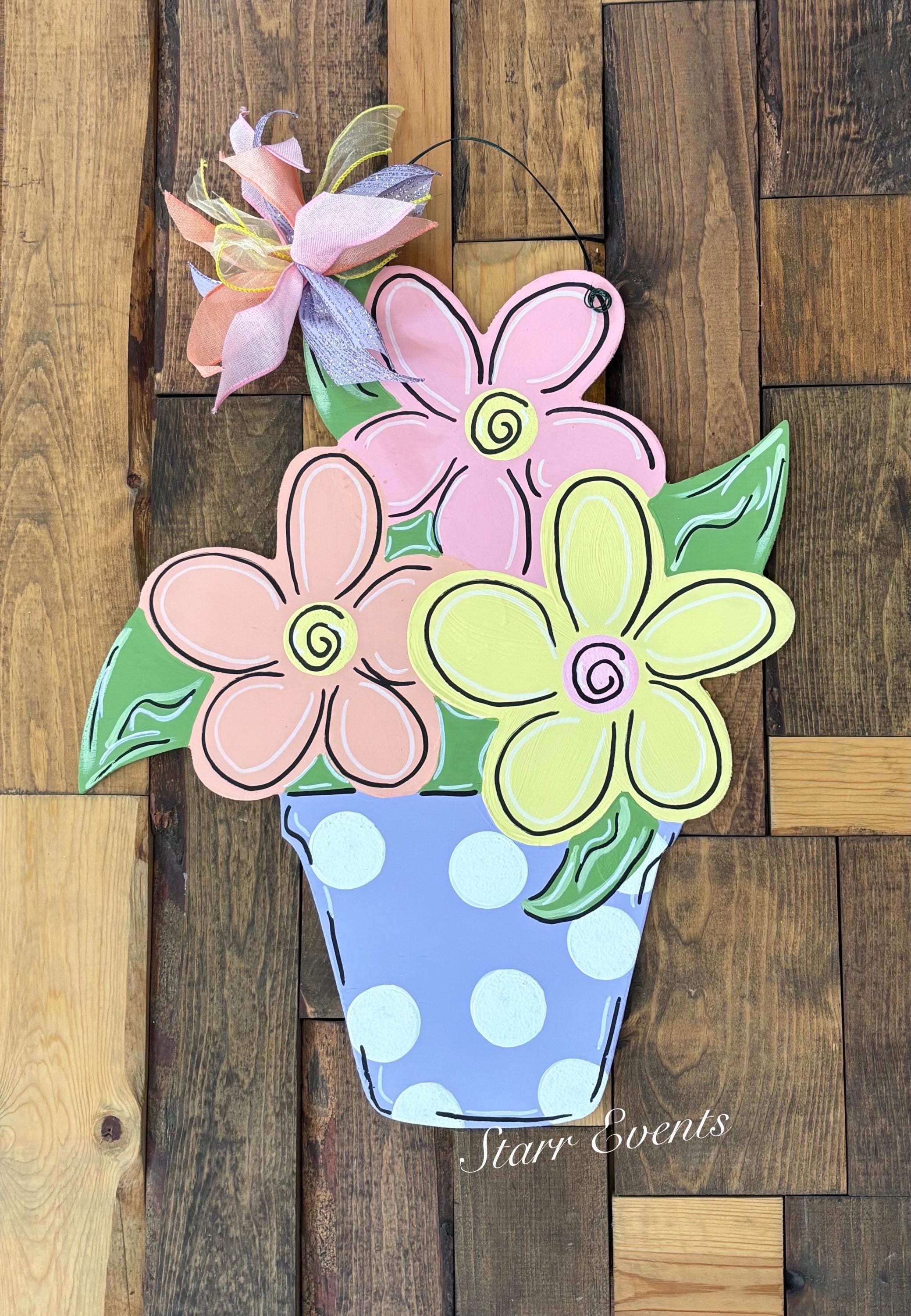 Pot of Flowers Door Hanger. Pastel Color Spring Door Hanger. Summer ...