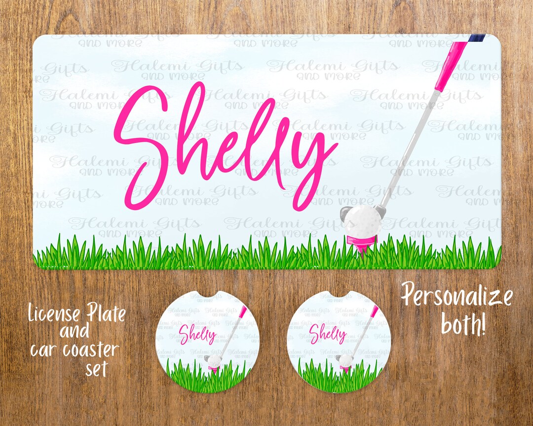 Pink Golf Club License Plate and Car Coaster Set- Clipart- Personalize ...