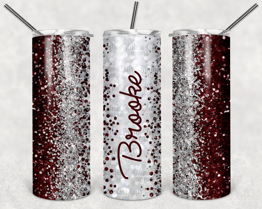 Maroon Silver and White Faux Glitter School Spirit 20 Oz. Straight ...