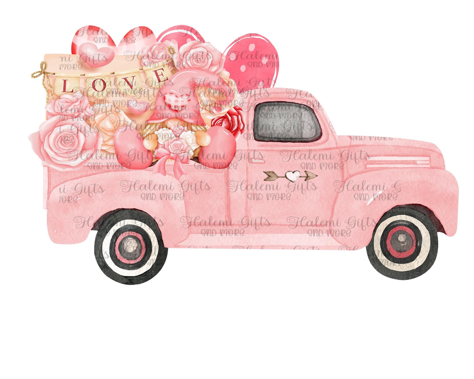 Cute Pink Gnome Valentine Truck Watercolor DIGITAL DESIGN ONLY | Etsy