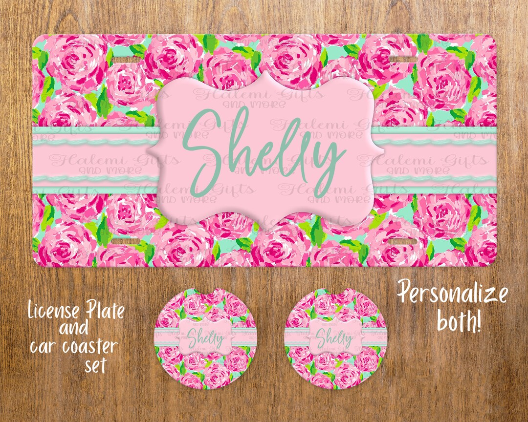 Pink Roses Preppy Pattern License Plate and Car Coaster Set- Clipart ...