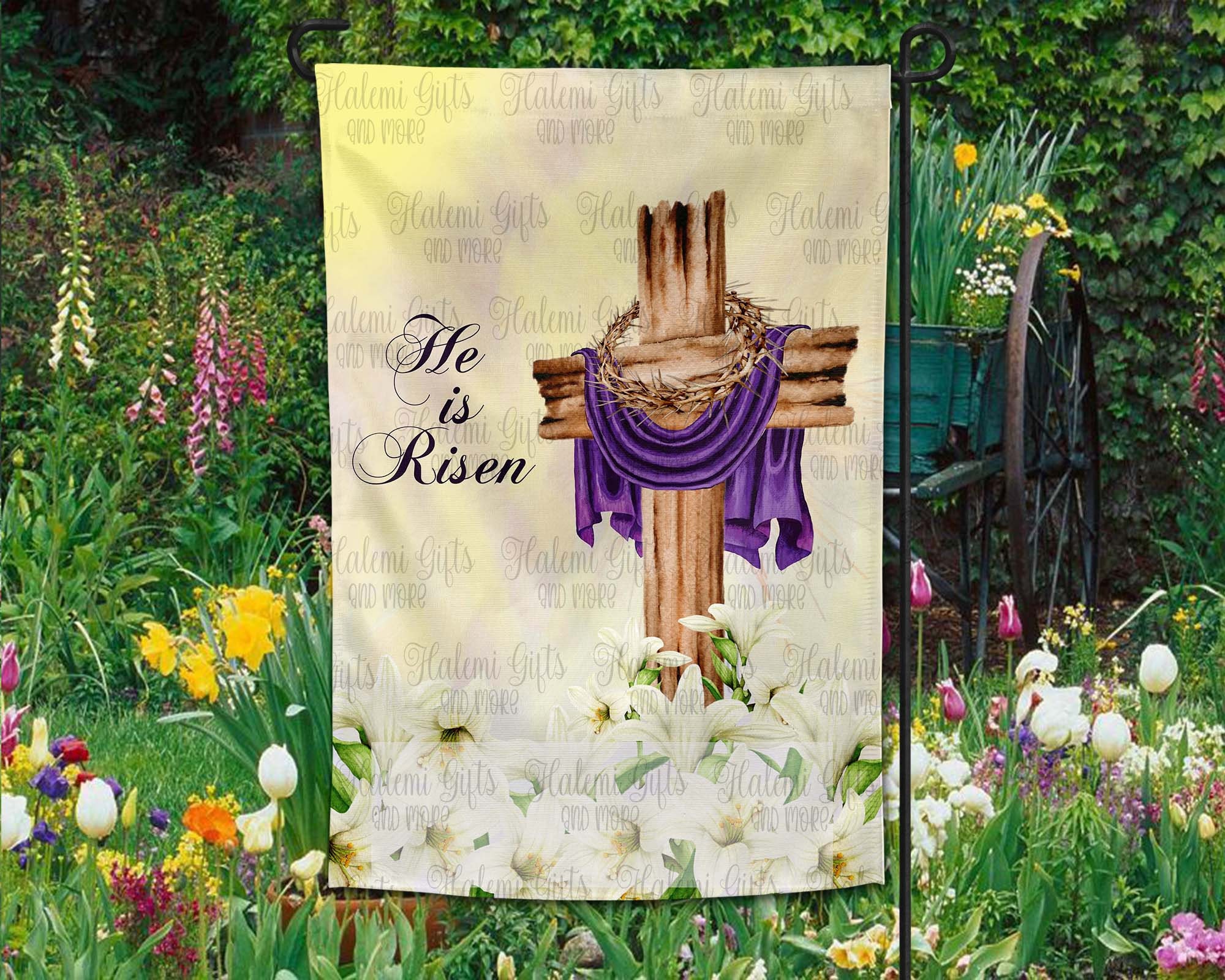 Cross He Is Risen Watercolor Garden Flag Personalize DESIGN | Etsy