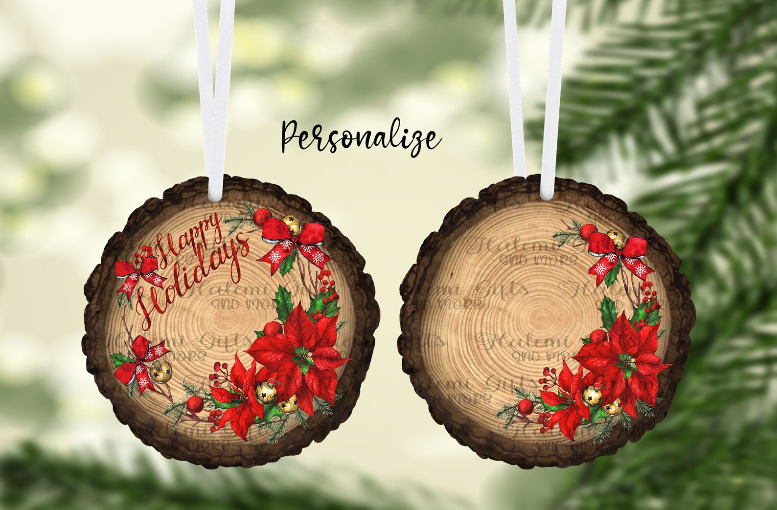 Happy Holidays Poinsettia Wood Slice Christmas Ornament DESIGN - Etsy
