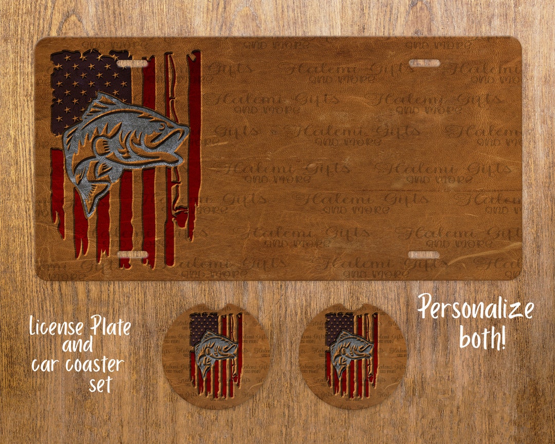 License Plate and Car Coaster Set- Leather With Flag and Metal Bass ...