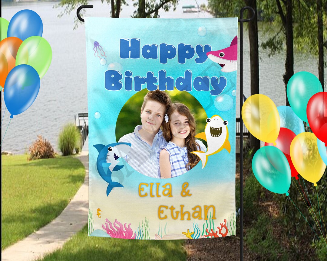 Shark Under the Sea Happy Birthday Garden Flag Template for Photo ...