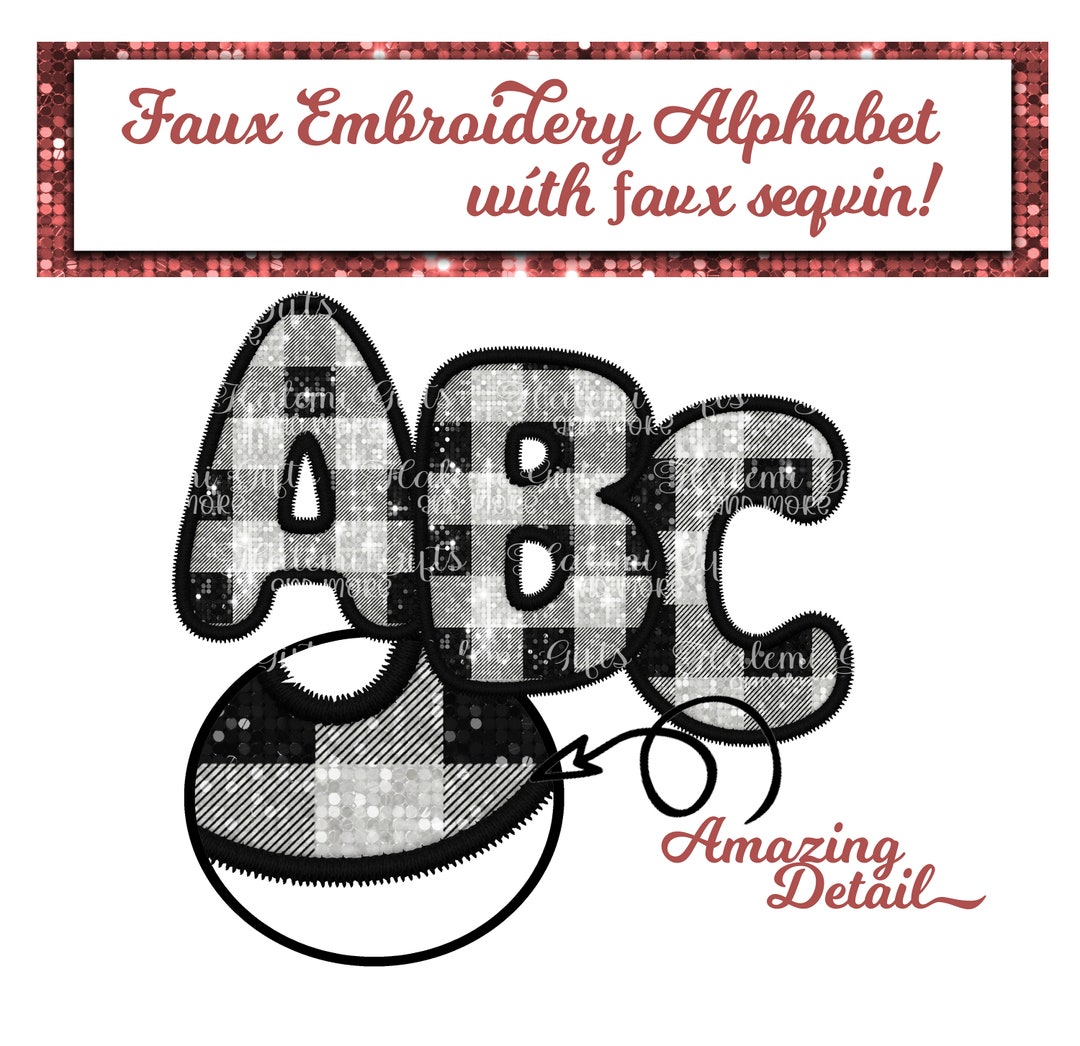 Faux Embroidery Sequin Alphabet Stitch Applique White and Black Buffalo ...