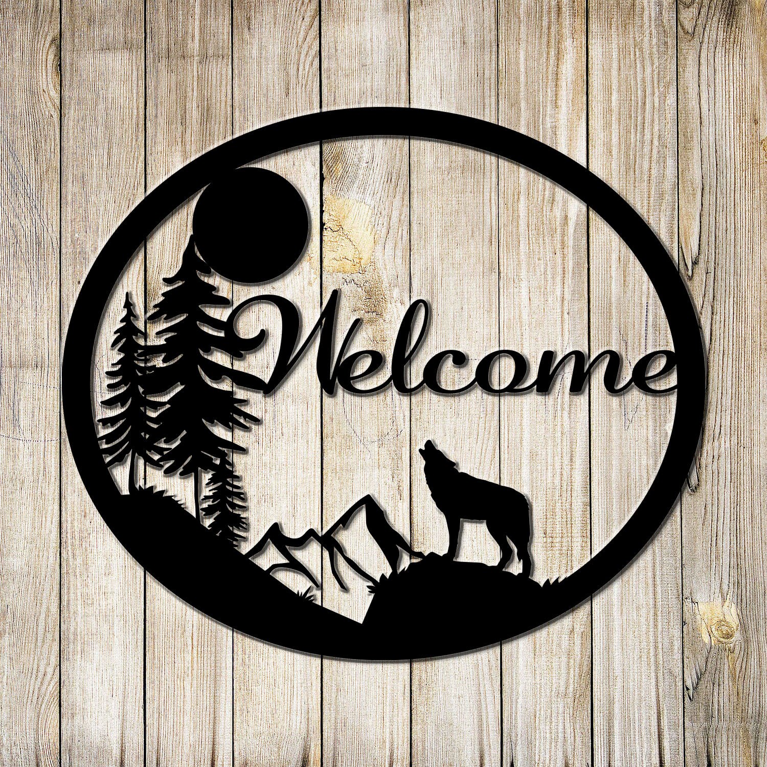 Howling Wolf Welcome Sign | Mountains and the Moon Entry Sign | Rustic ...