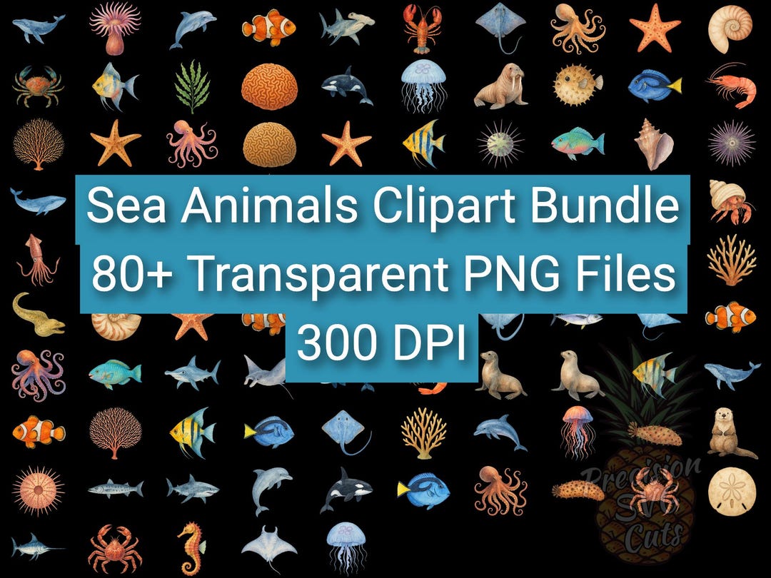 Digital Sea Animal Clipart Bundle, 95 Pngs, Ocean Animals, Sea ...