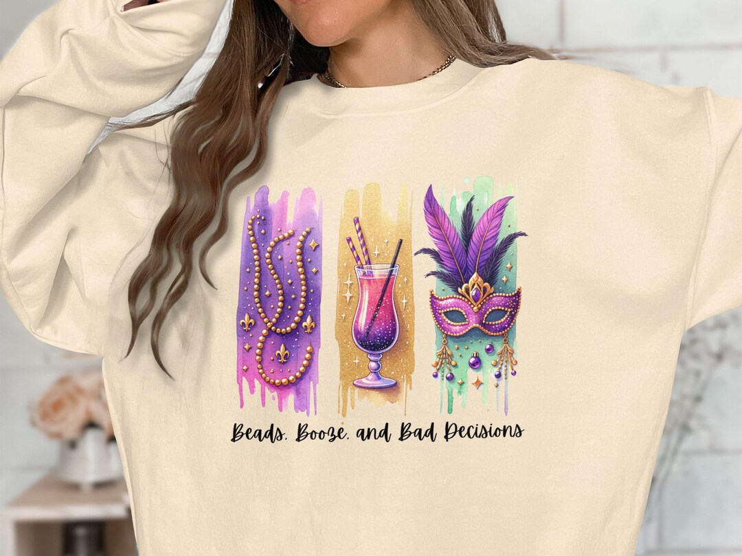 Mardi Gras Brush Stroke Design PNG, Beads Booze and Bad Decisions PNG ...