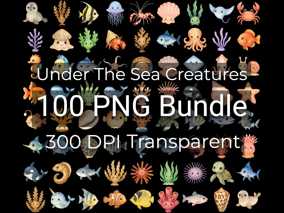 Cute Baby Sea Animals PNG Clipart Bundle, Sea Creatures, Ocean Animals ...