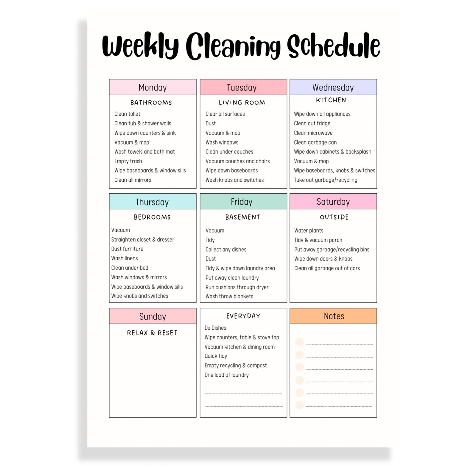 Weekly Cleaning Checklist, Printable Weekly Cleaning Schedule, Fillable ...