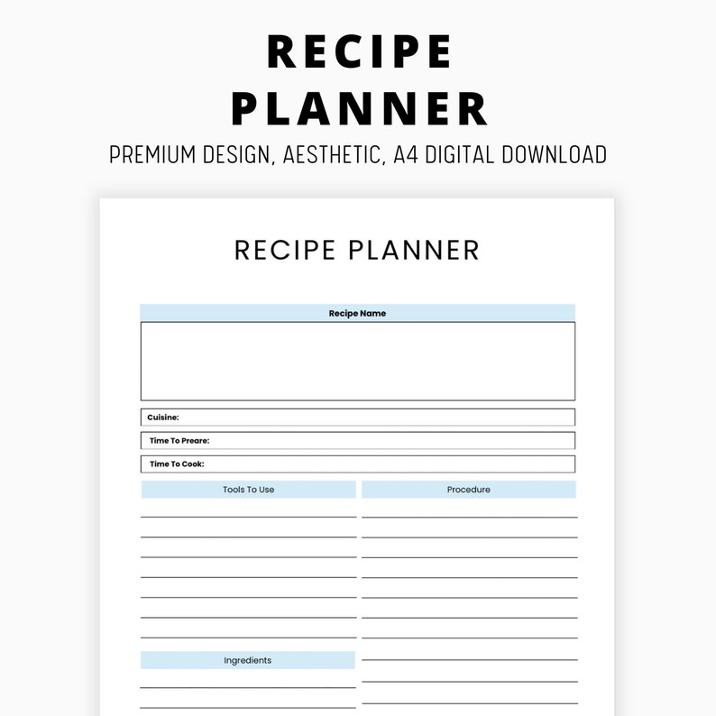 Recipe Planner, Simple Recipe Card, Minimal Recipe Planner, Diy Recipe ...