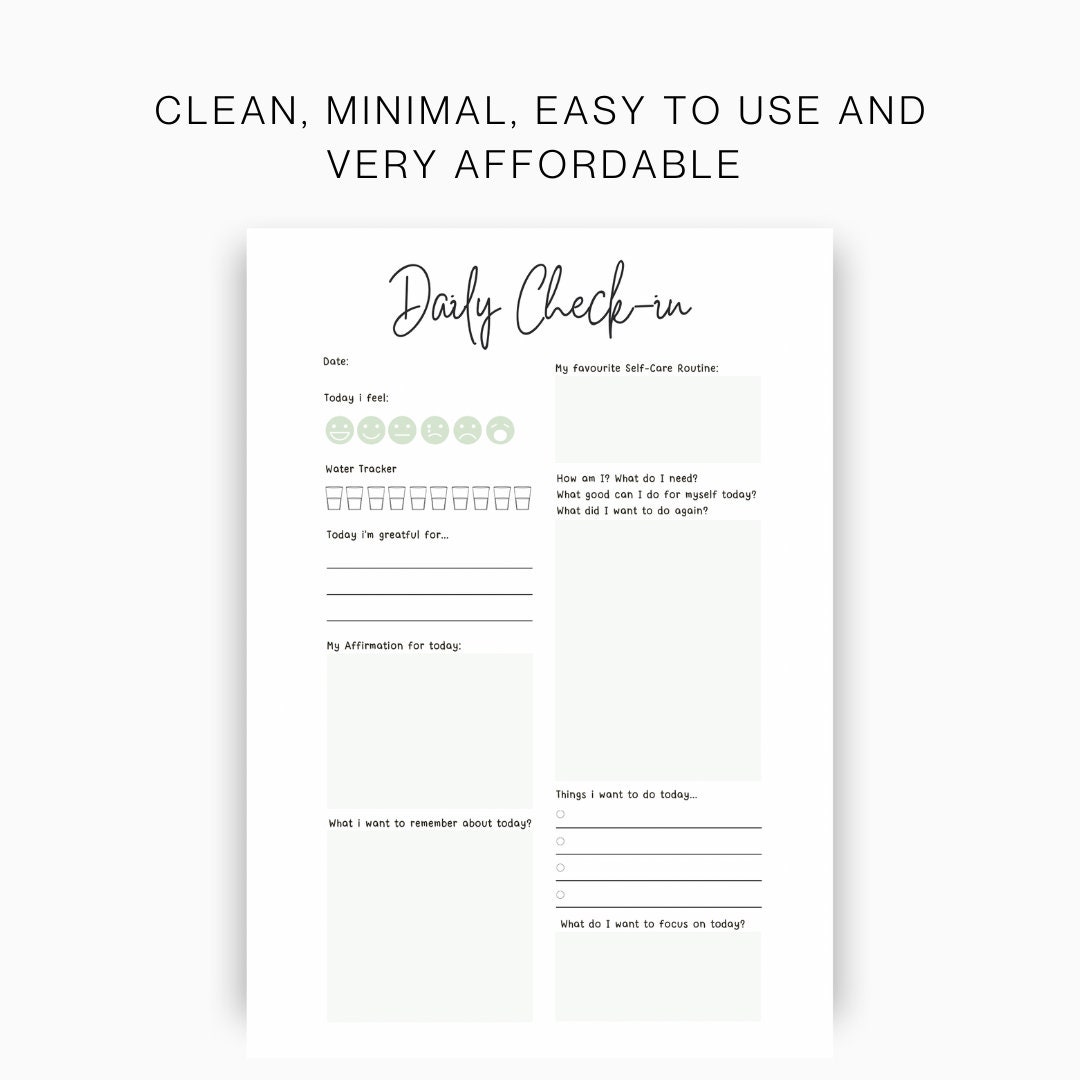 Daily Check in Template, Daily Reflection Planner, 5 Minute Journal ...