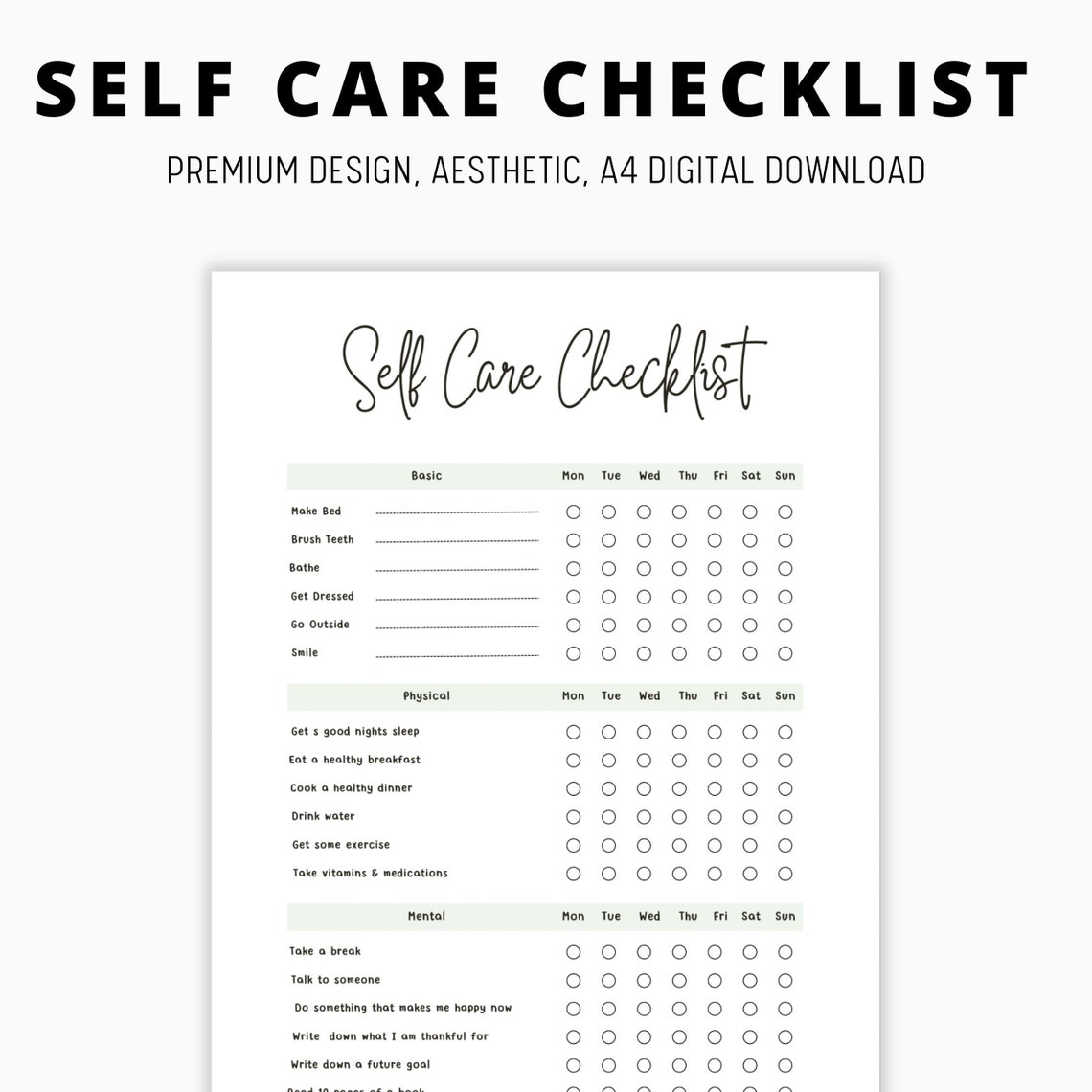 Daily Self Care Checklist, Self Care Tracker, Printable Self Care ...
