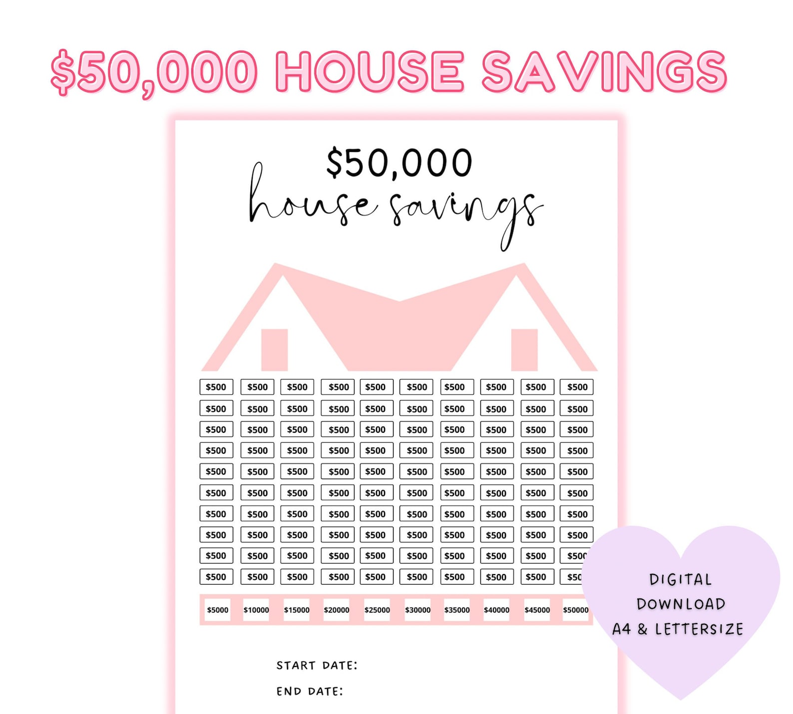 50k House Savings Printable, House Savings Tracker, House Savings ...
