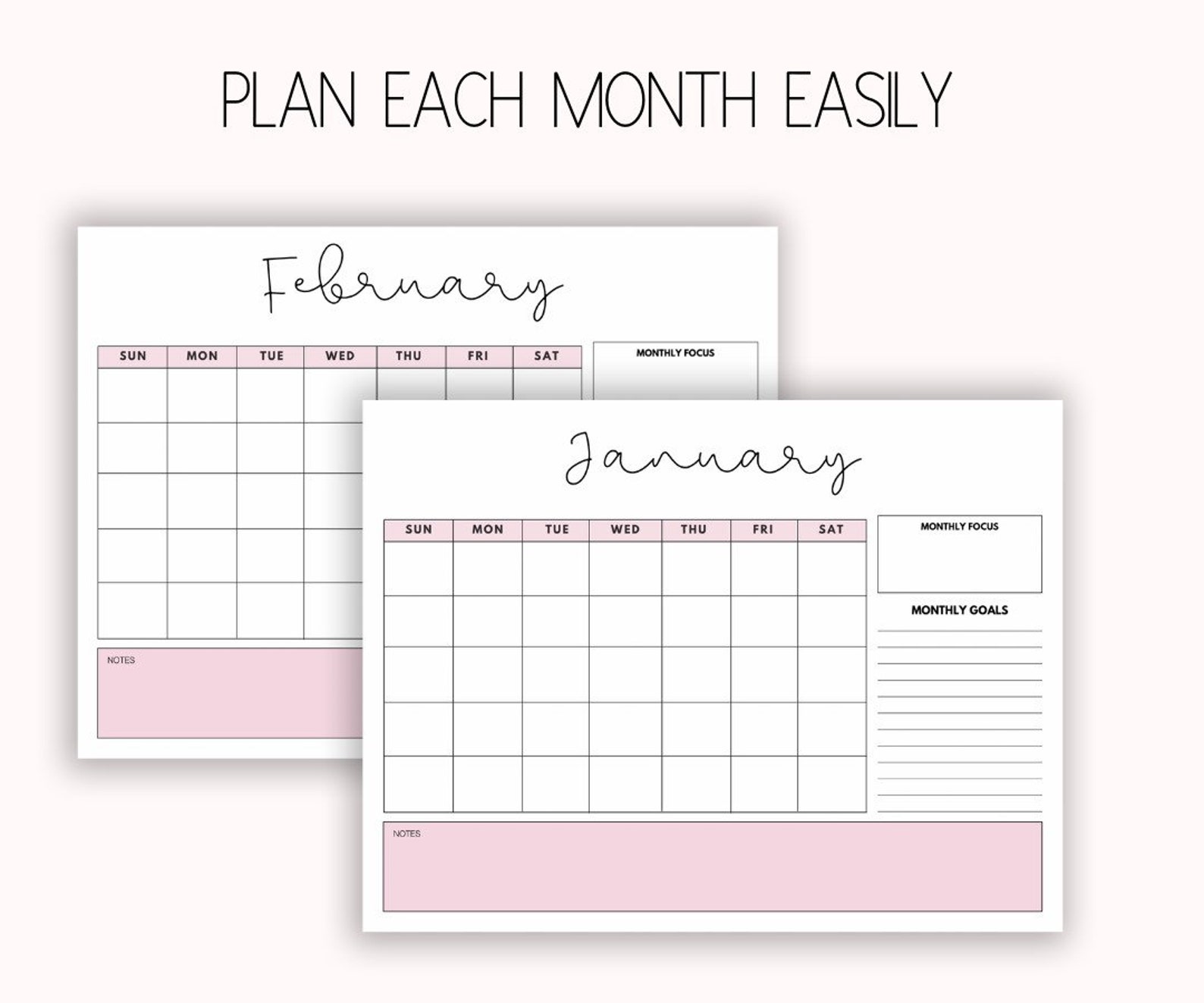 Monthly Calendar , Pink Monthly Calendar, Monthly Planner Printable ...