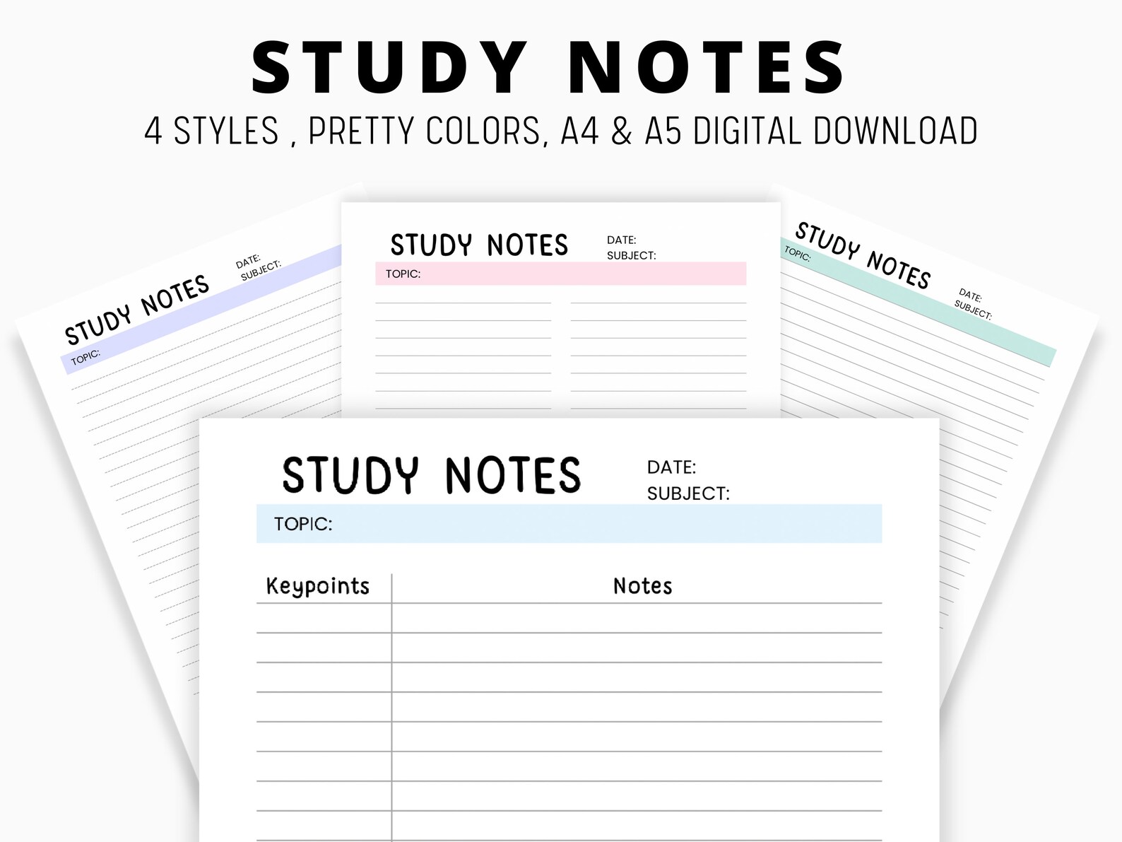 Study Notes Template, Printable Study Notes, Study Planner, Aesthetic