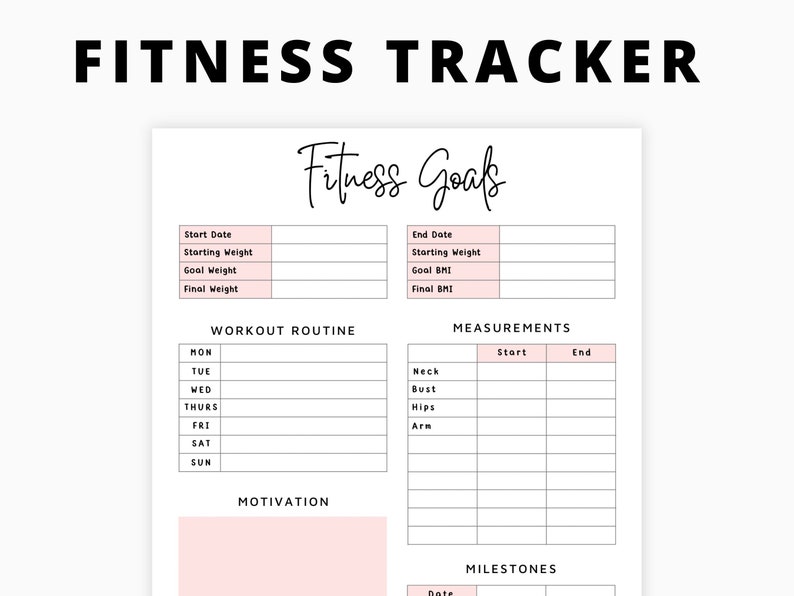 Printable Fitness Goals Tracker, Weightloss Planner, Before and After Measurements, Workout ...