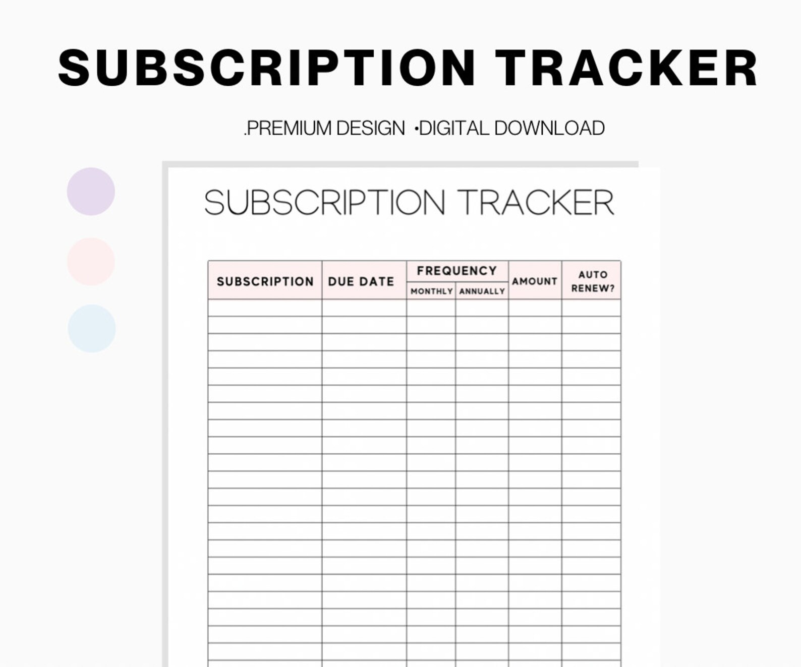 Monthly Subscription Tracker Budget Tracker Subscription | Etsy