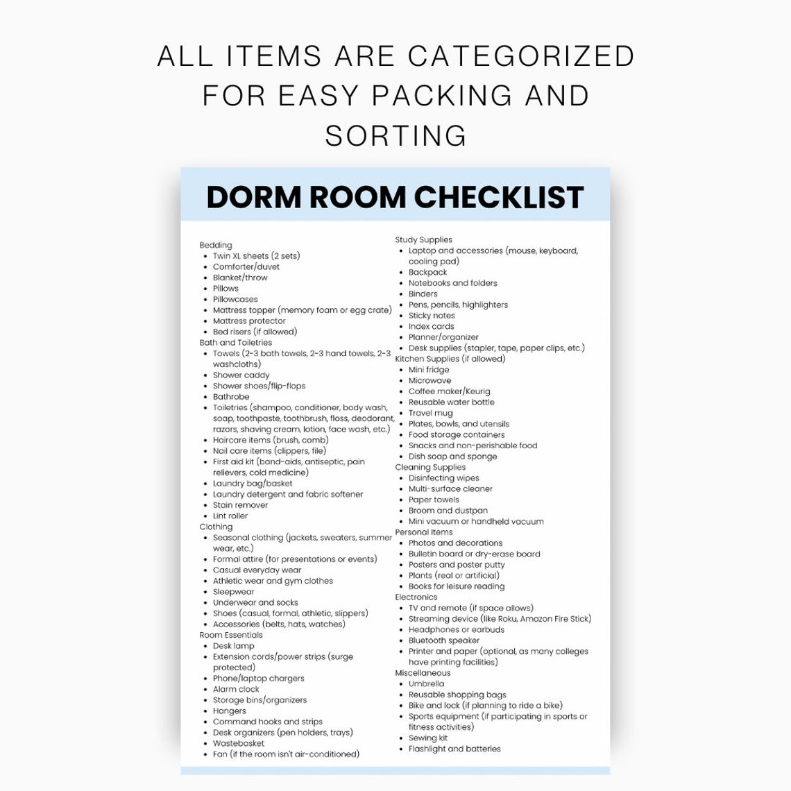 2024 College Packing List for Guys, Dorm Room Essentials for Him, 2024 ...