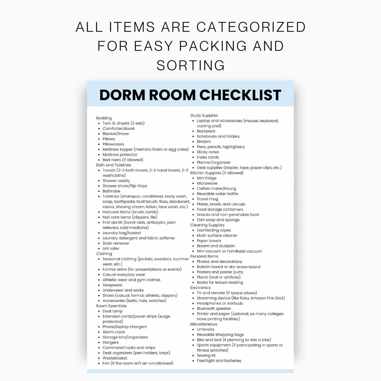 2024 College Packing List for Guys, Dorm Room Essentials for Him, 2024 ...