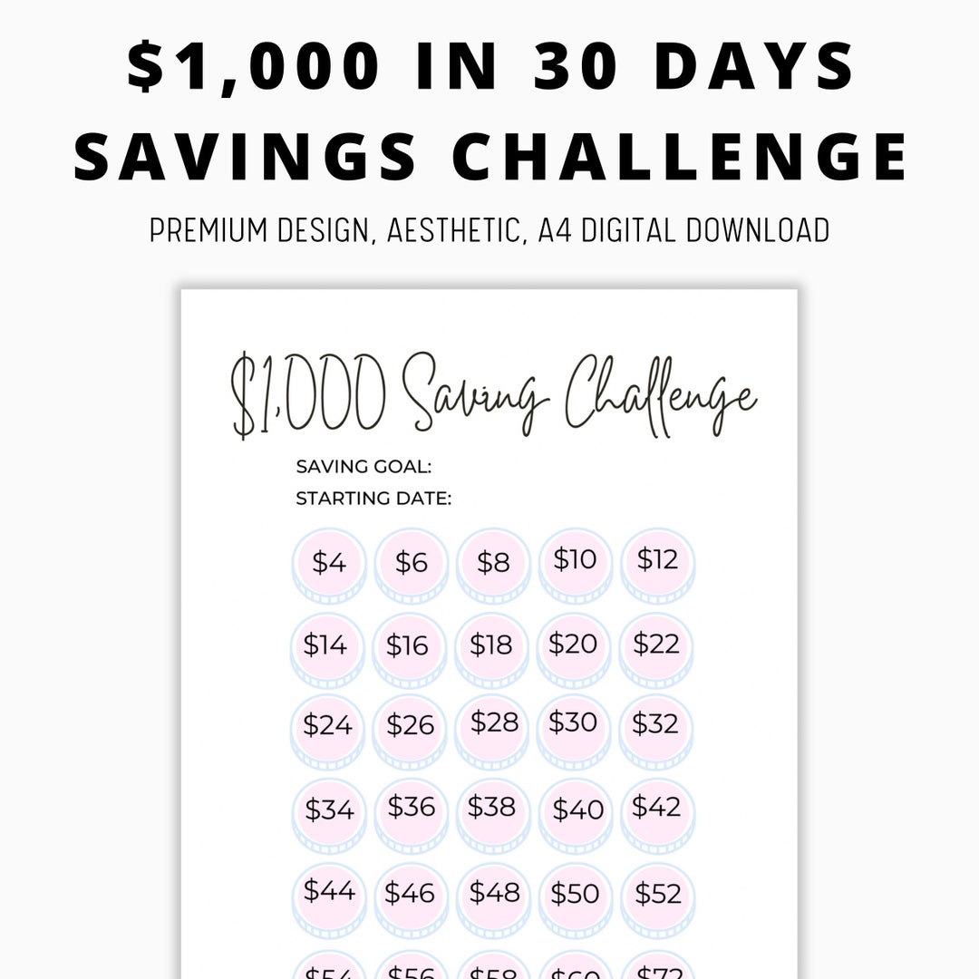 1000 Dollars in 30 Days Savings Challenge, Savings Tracker, Savings Jar ...