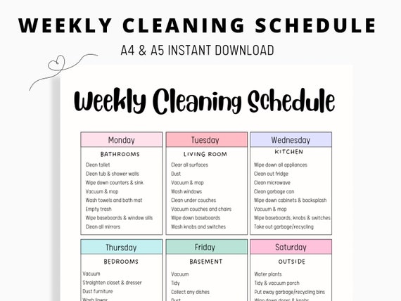 Weekly Cleaning Checklist Printable Weekly Cleaning Schedule - Etsy