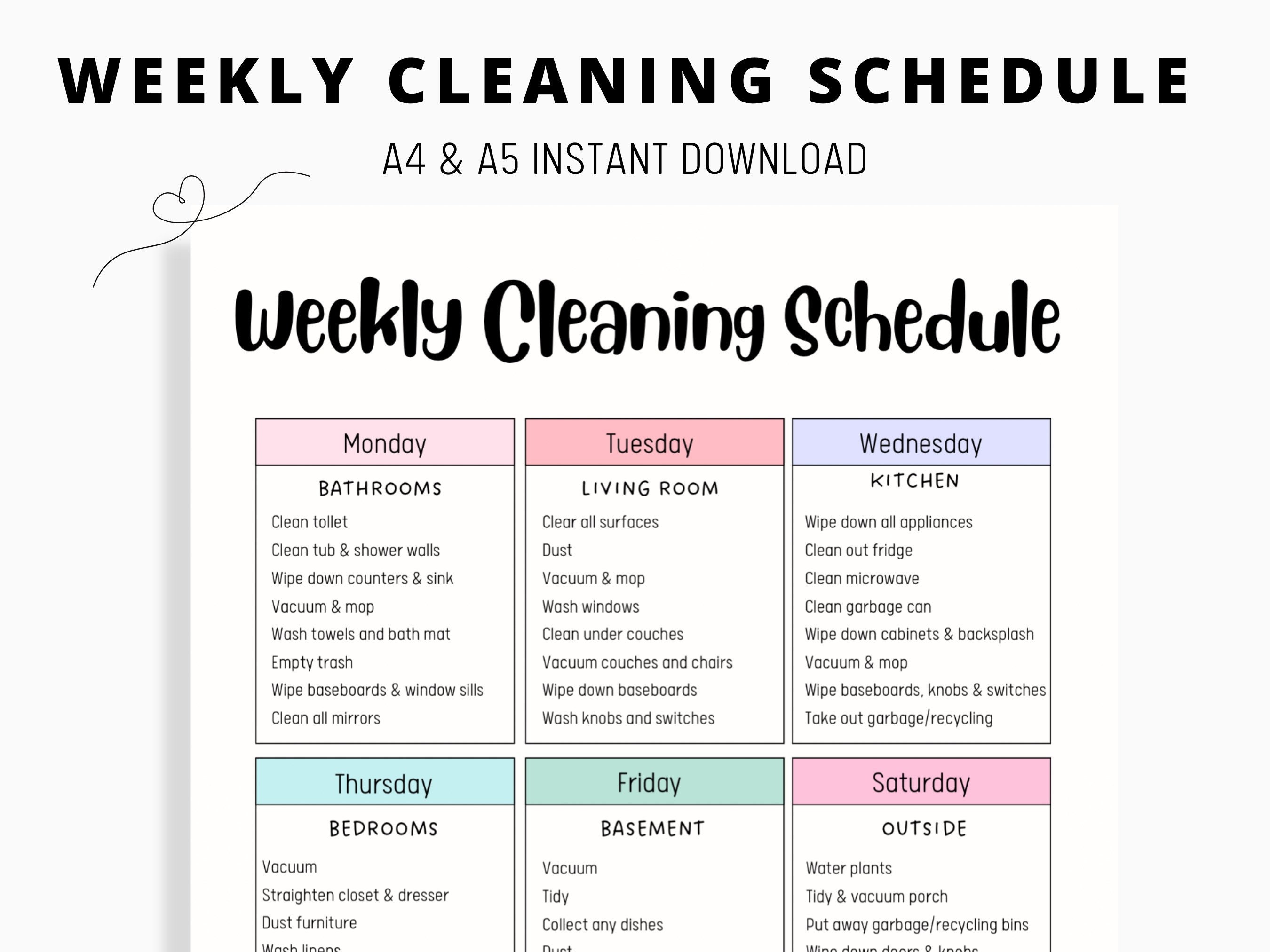 Weekly Cleaning Checklist, Printable Weekly Cleaning Schedule, Fillable ...