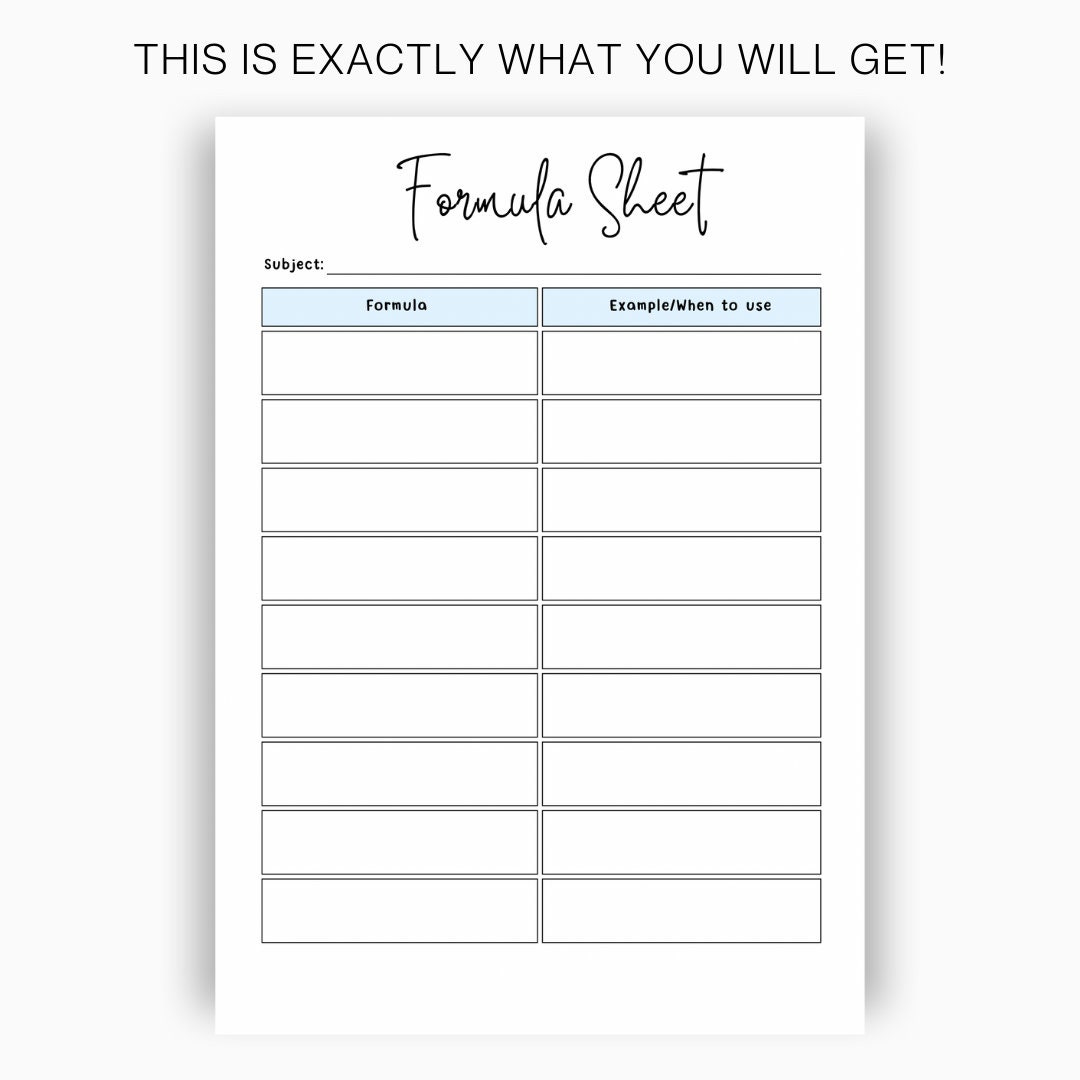 Formula Sheet, Printable Equation Sheet, Study Essential, Maths ...