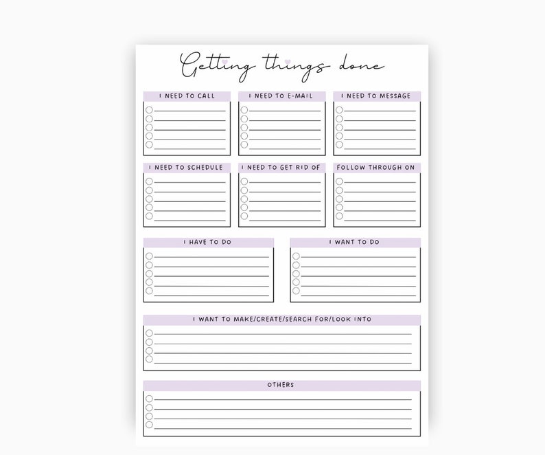 Getting Things Done Printable, Task Organizer, GTD Inbox, GTD Planner ...