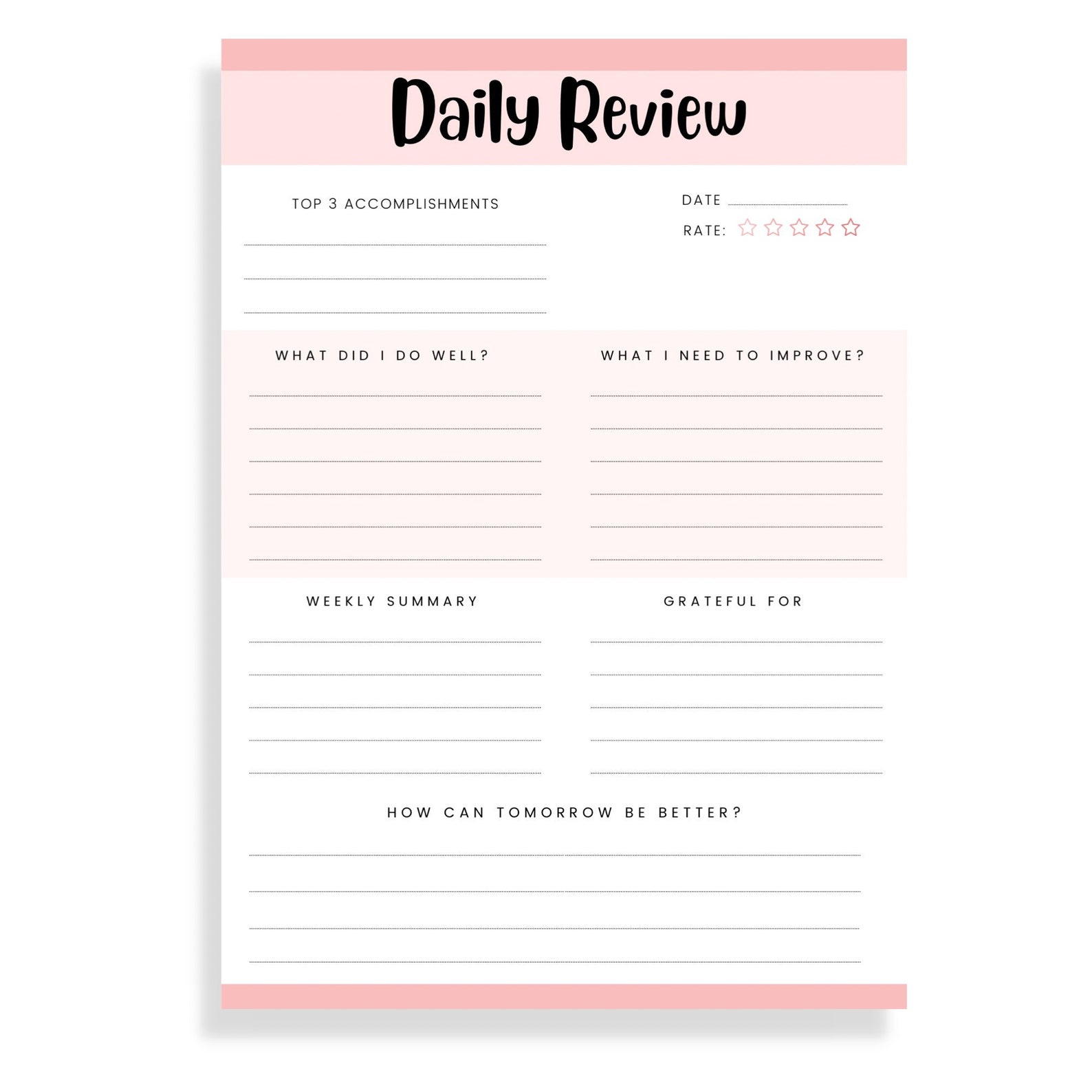 Daily Review Template, Daily Reflection Worksheet, Daily Summary ...