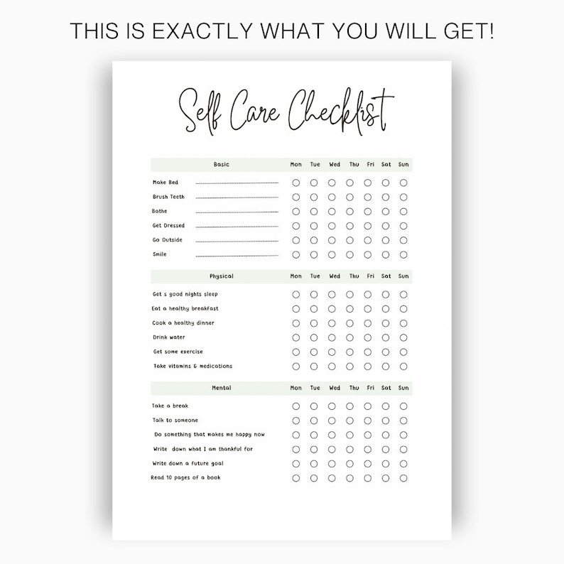 Daily Self Care Checklist, Self Care Tracker, Printable Self Care ...