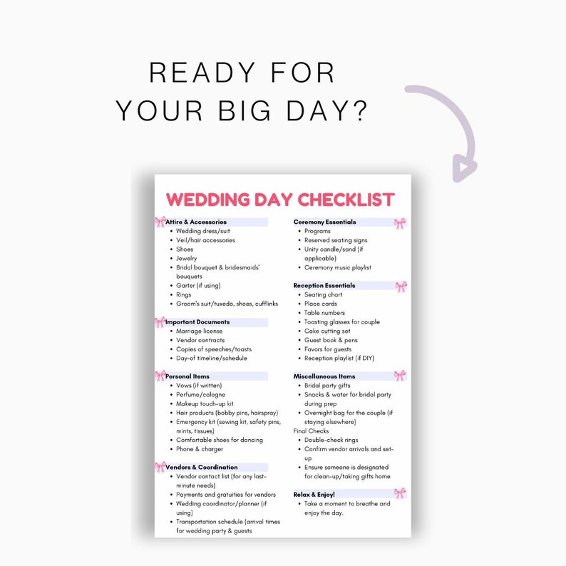 Wedding Checklist Template, Wedding Day Essentials, Dream Wedding ...