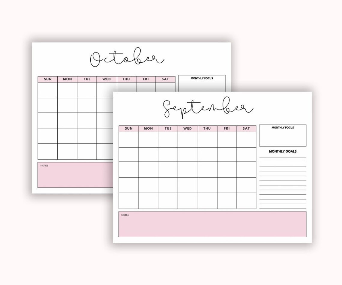 Monthly Calendar , Pink Monthly Calendar, Monthly Planner Printable ...