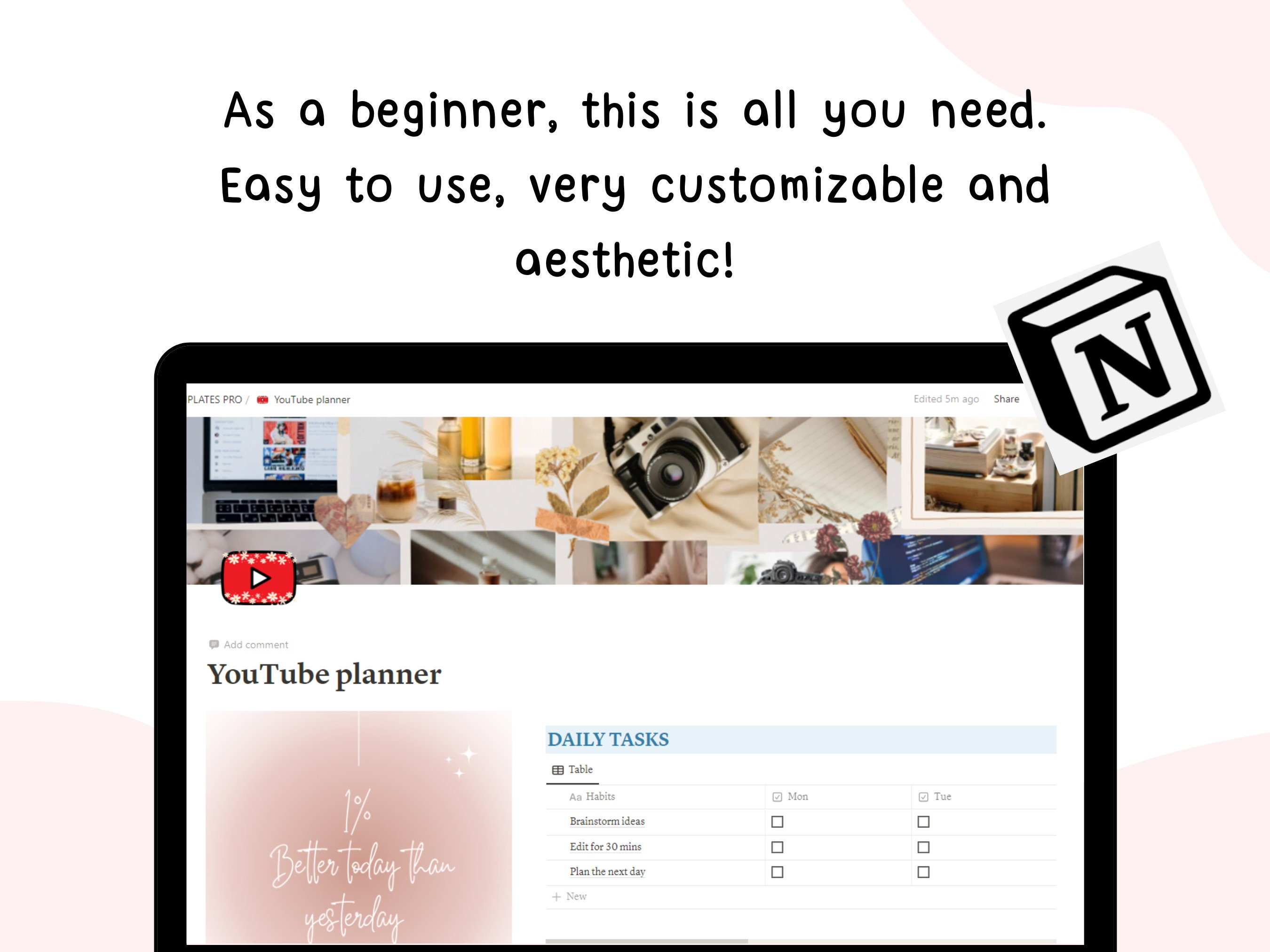 Youtube Planner Notion Template, Aesthetic Notion Template for ...