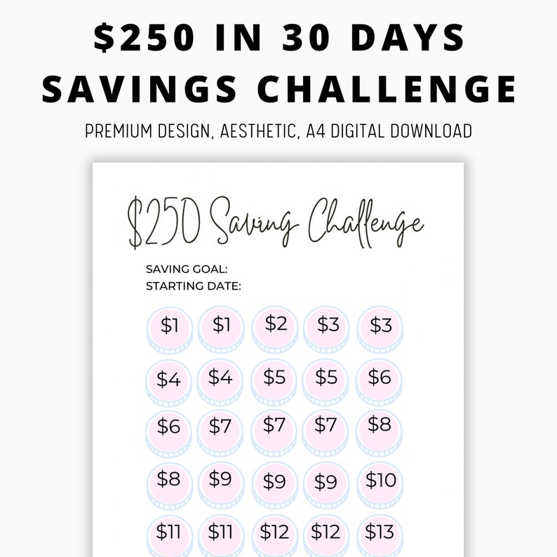 250 Dollars in 30 Days Savings Challenge, Printable Tracker, Challenge ...