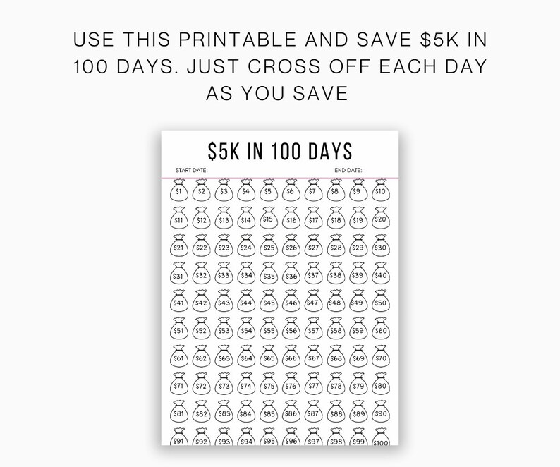 5k in 100 Days Savings Tracker Printable Tracker Challenge - Etsy UK