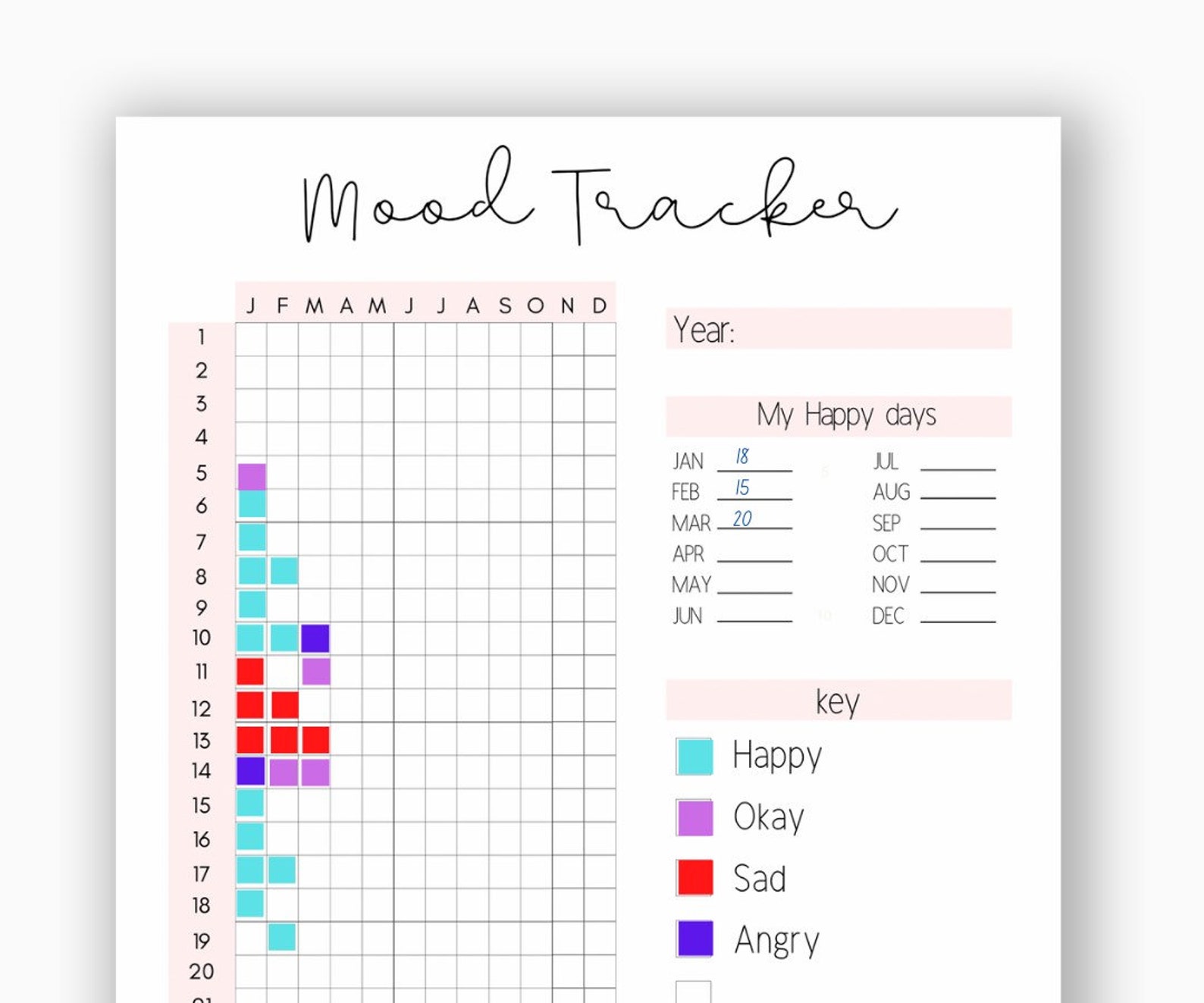 Mood Tracker Printable Monthly Mood Tracker Mental Health | Etsy