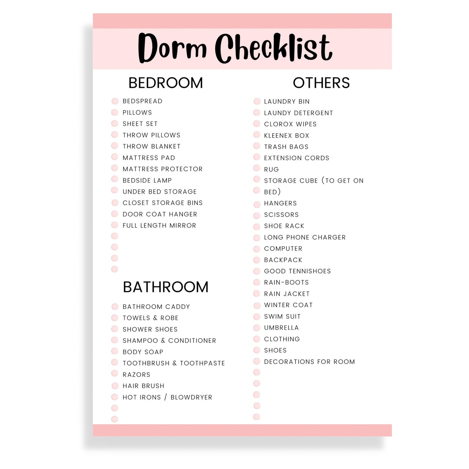Dorm Room Essentials Checklist, First Year of College Packing List ...