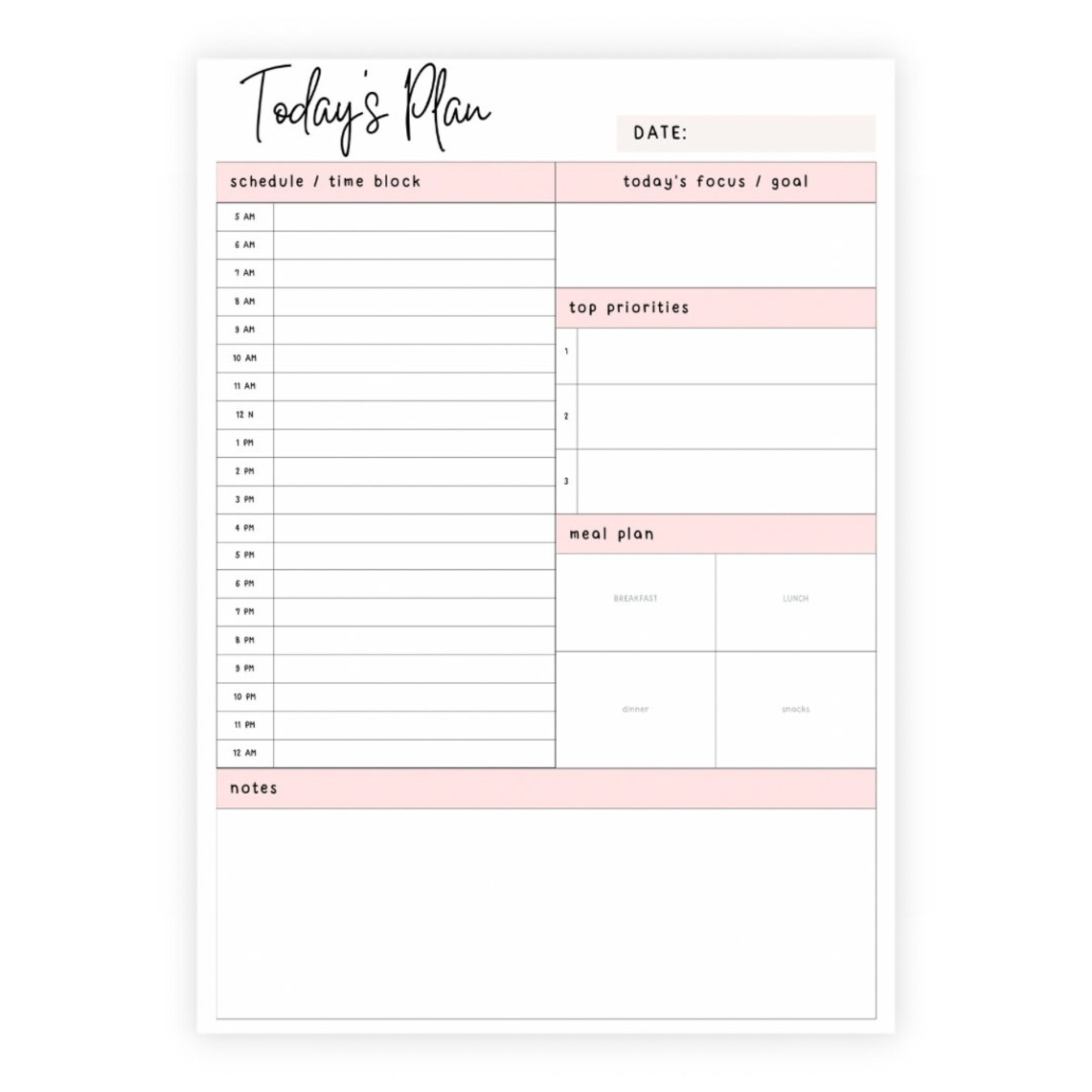Printable Todays Plan Template Day to Day Planner Time - Etsy