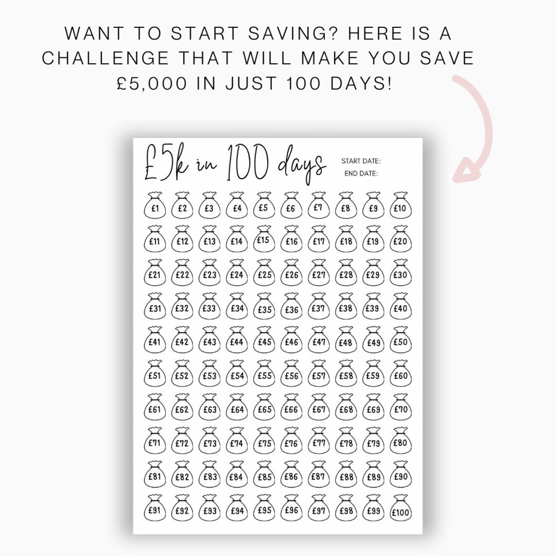 5k in 100 Days Savings Tracker, Printable Tracker, Challenge Tracker ...