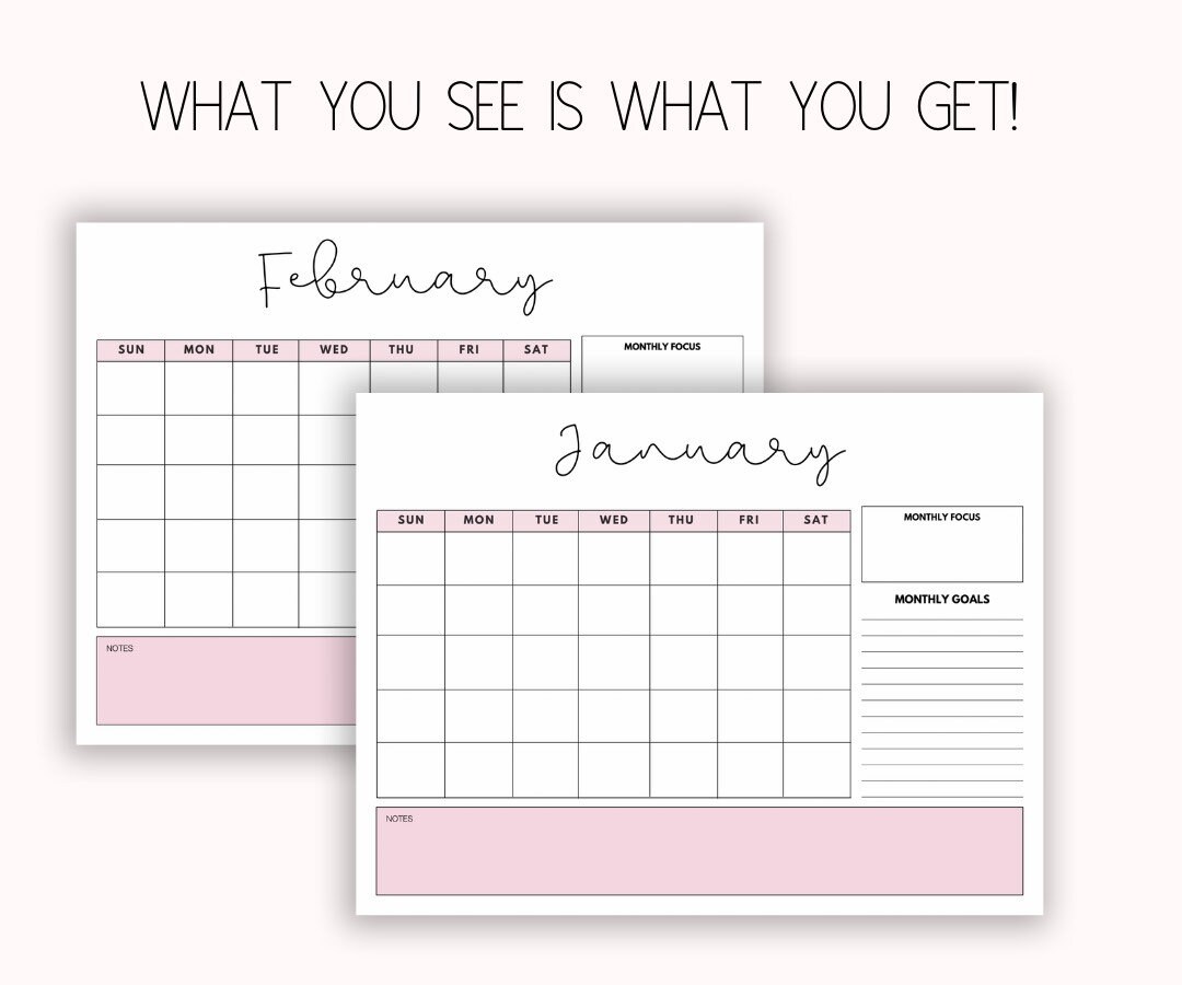 Monthly Calendar , Pink Monthly Calendar, Monthly Planner Printable ...