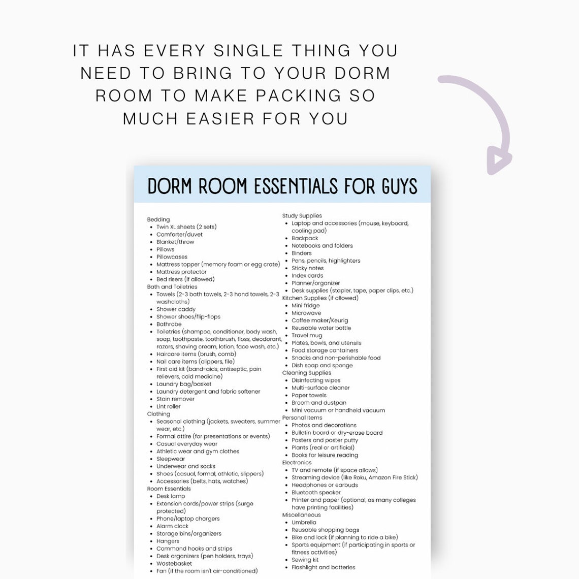 College Packing List for Guys, Dorm Room Essentials for Him, 2025 ...