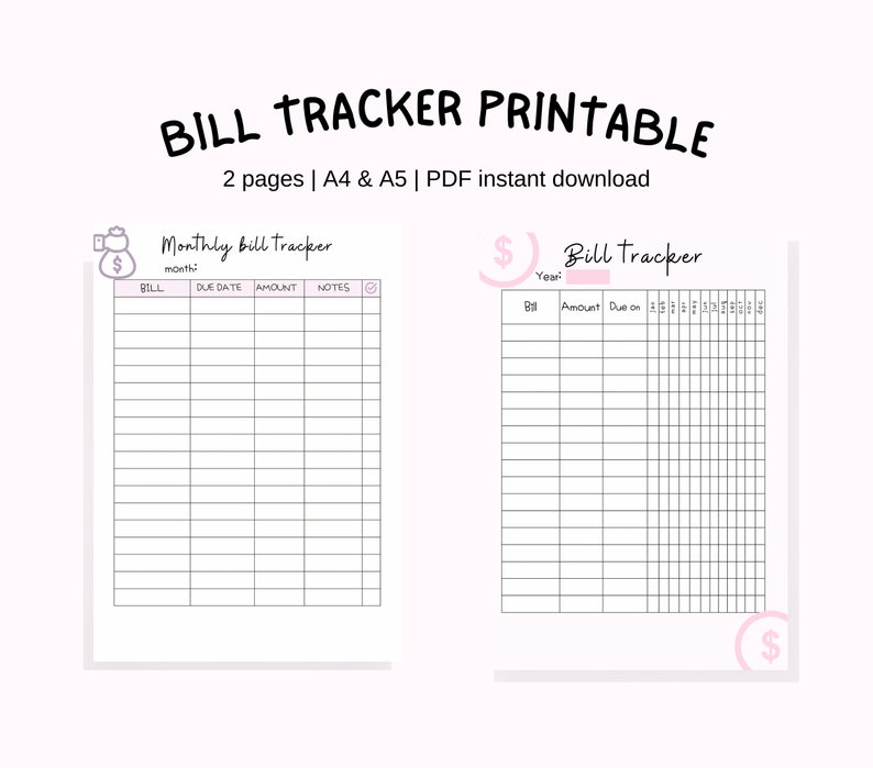 Bill Tracker Printable With Monthly Bill Tracker and Yearly Bill ...