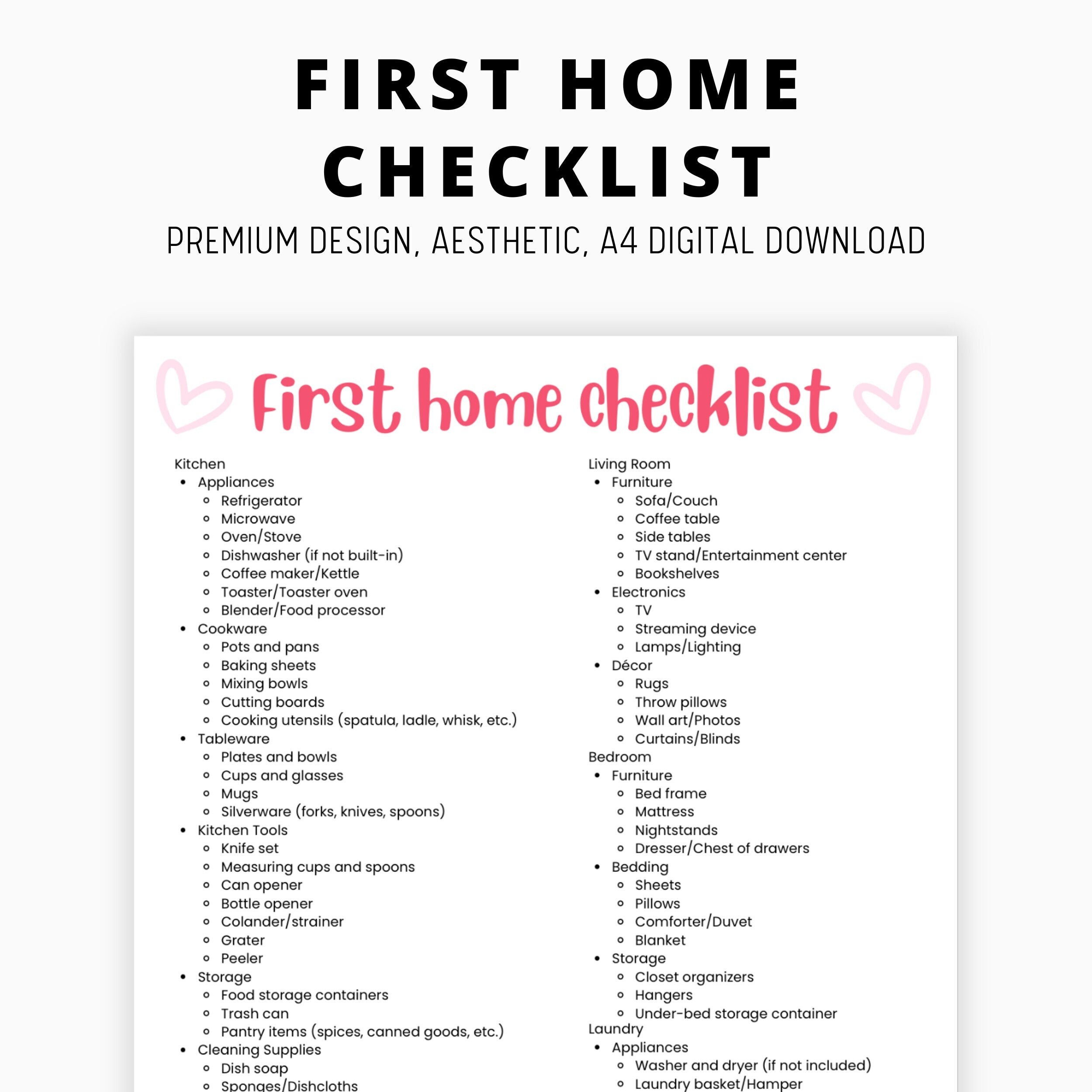 New Home Checklist, First Apartment Checklist, First Home Essentials ...
