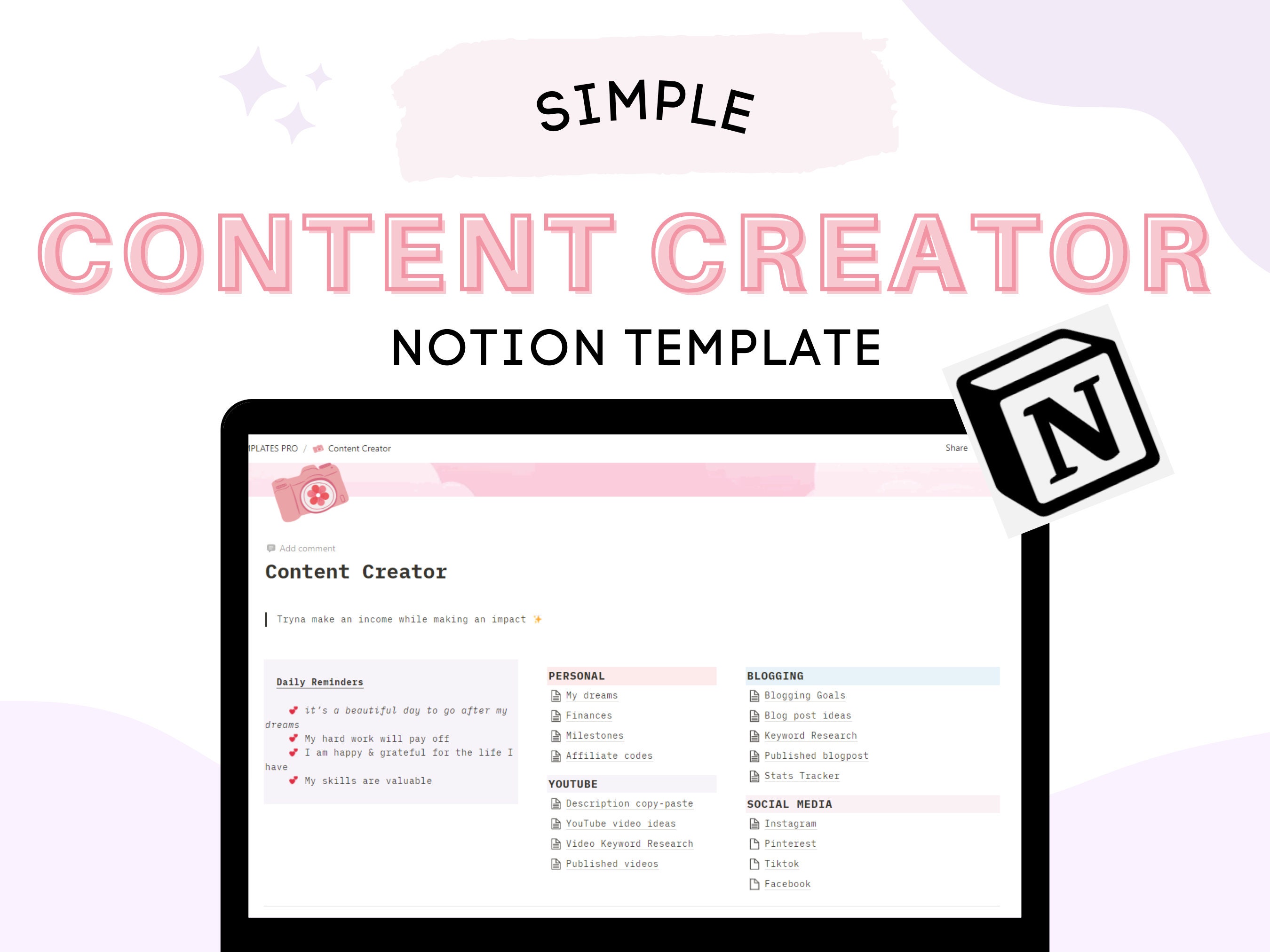 Notion Content Creator Planner, Social Media Planner, Notion Template ...