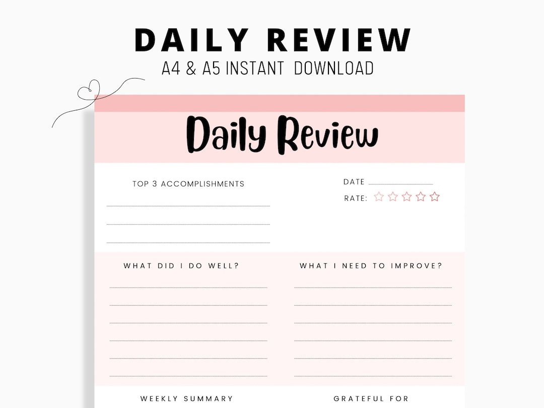 Daily Review Template, Daily Reflection Worksheet, Daily Summary ...