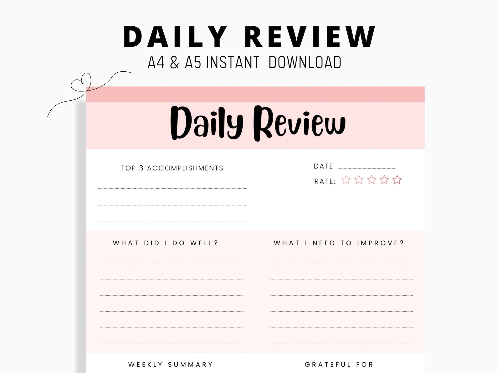 Daily Review Template, Daily Reflection Worksheet, Daily Summary ...