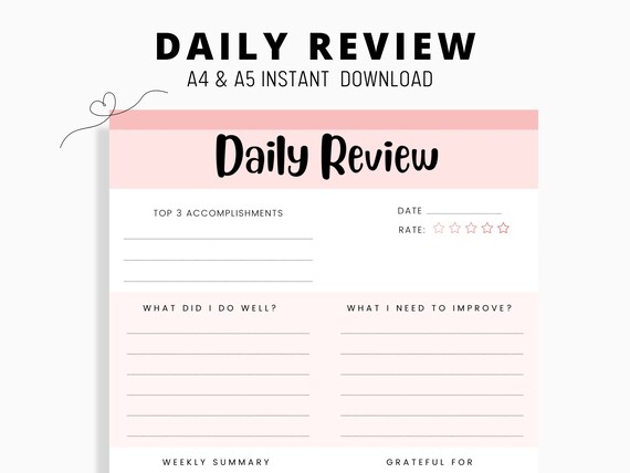 Daily Review Template Daily Reflection Worksheet Daily - Etsy
